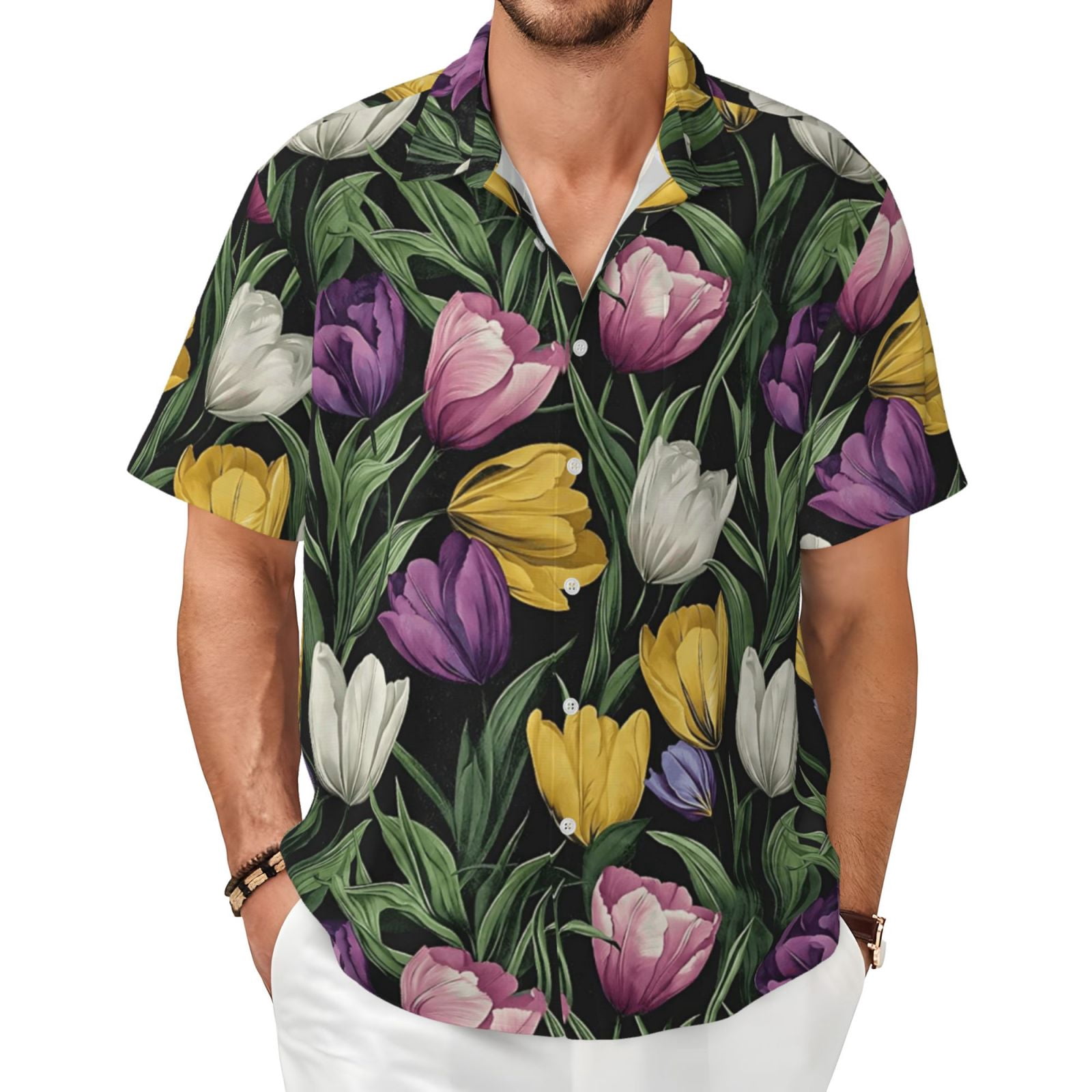 Colorful Tulip Floral Men'S Short-Sleeved Shirts with All-Over Prints ...