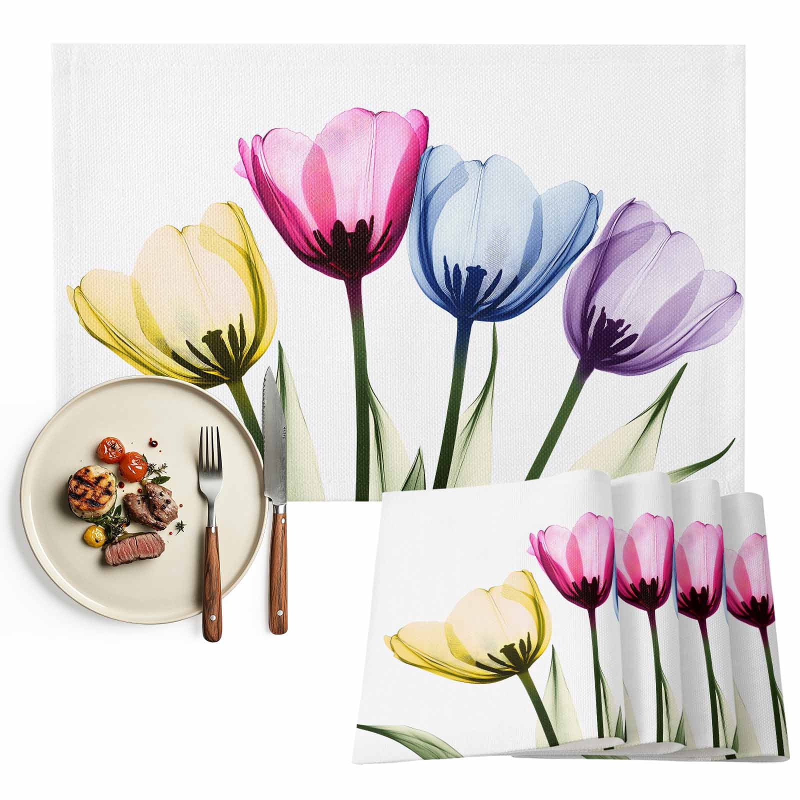 Colorful Tulip Floral Placemats Set of 8, Watercolor Flowers Table Mats ...