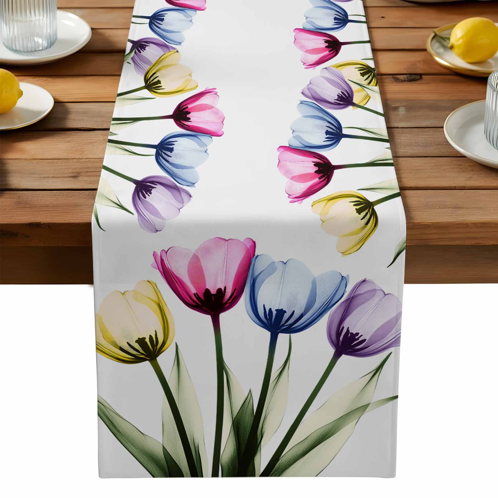 Colorful Tulip Floral Table Runner, Watercolor Flowers Cotton Linen ...