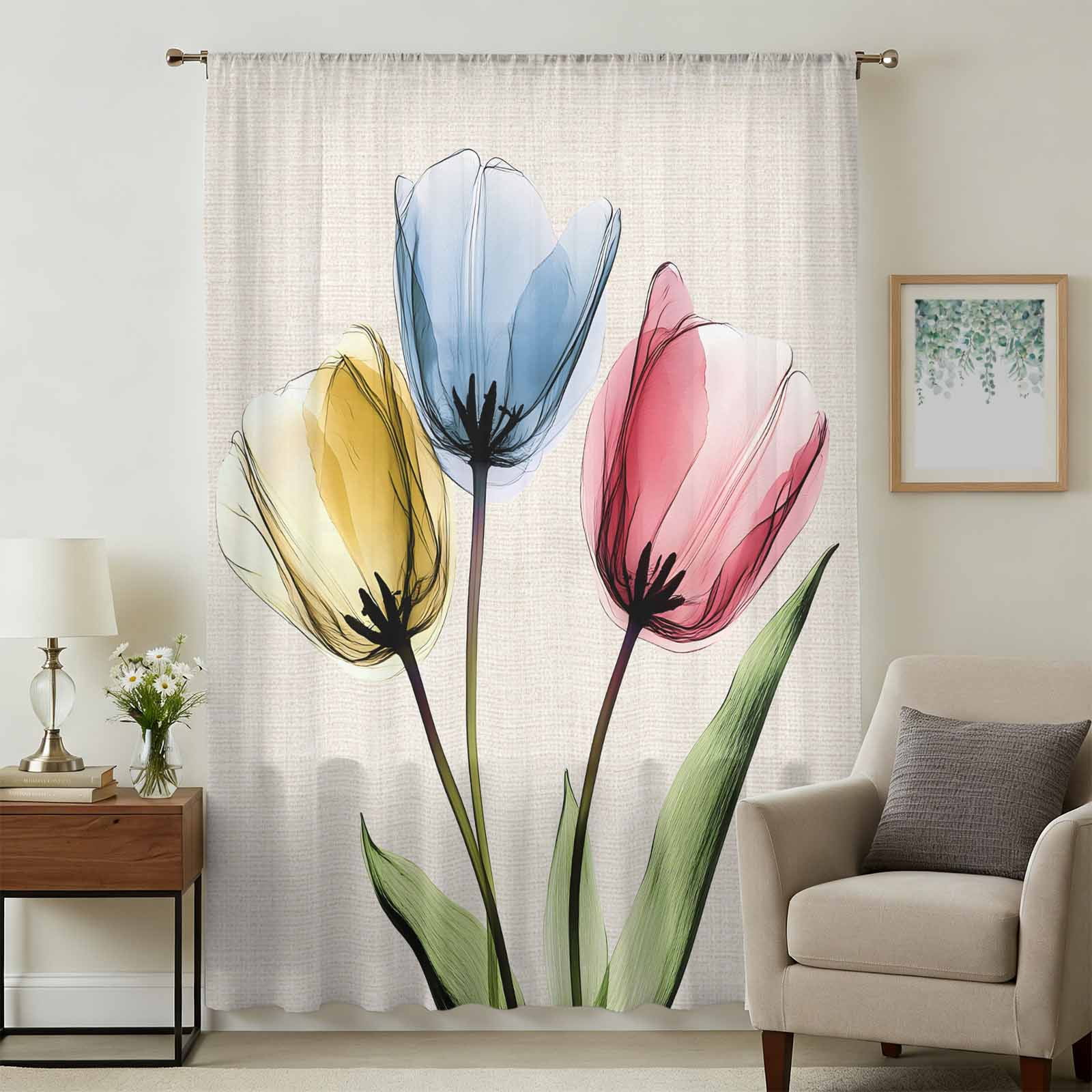 Colorful Tulip Sheer Curtains 45 Inches Long, Rustic Country Flower ...