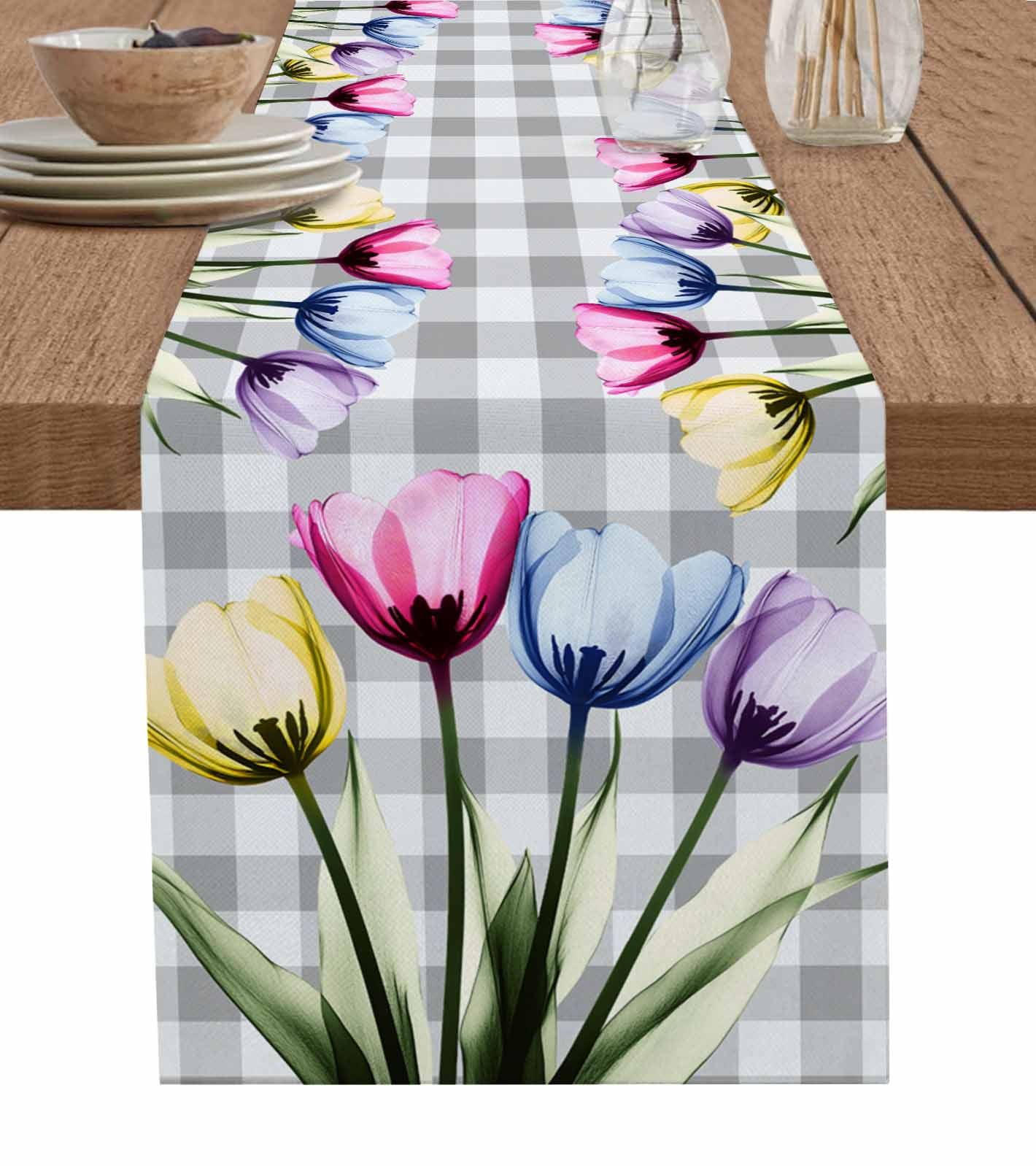 Colorful Tulip Table Runner 36 Inches, Farmhouse Elegant Flowers Gray ...
