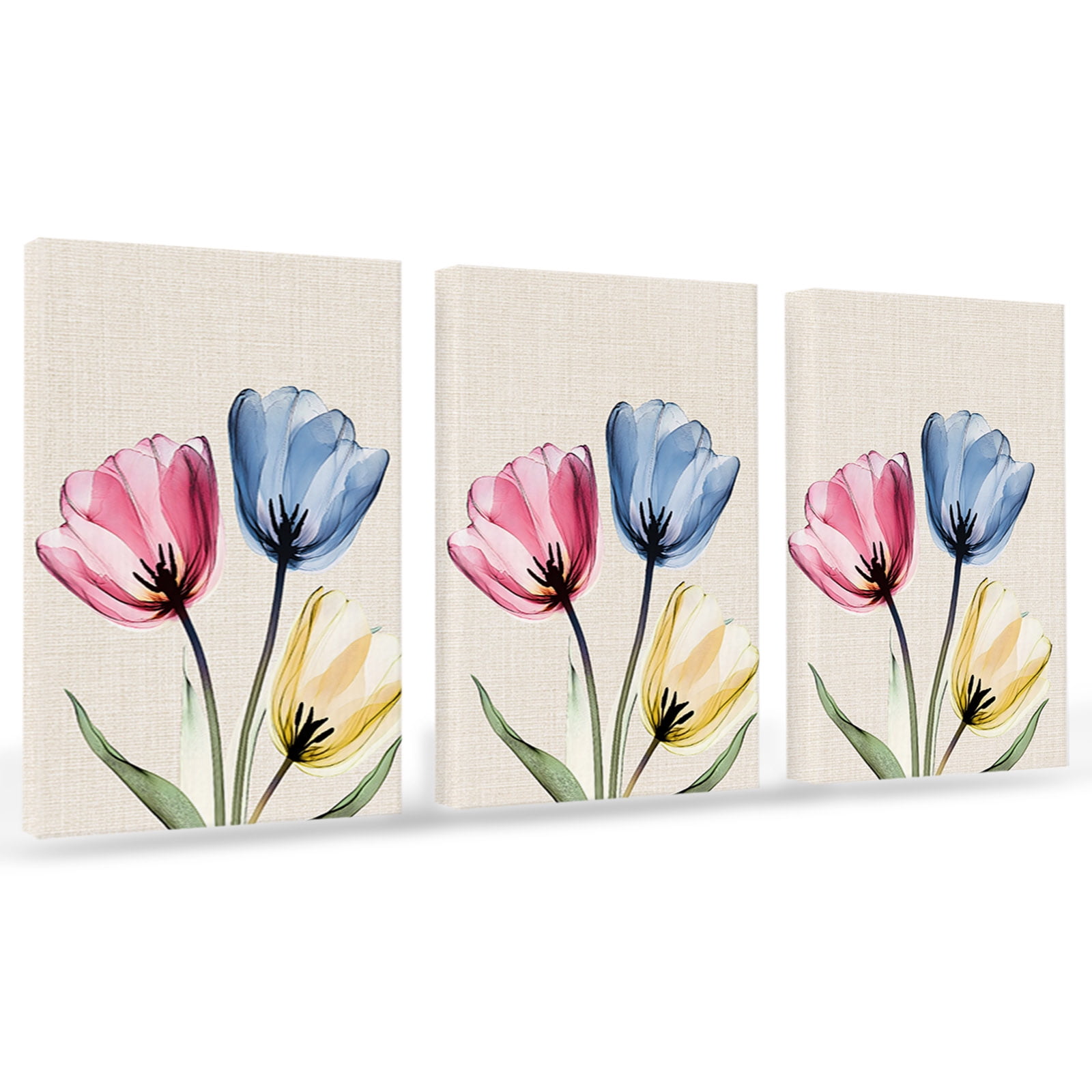 Colorful Tulips Canvas Wall Art 3 Panels, Abstract Flowers Vintage ...