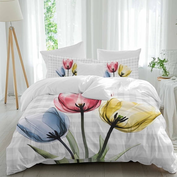 Colorful Tulips Comforter Set Full Size, Blue Red Yellow Floral Soft ...