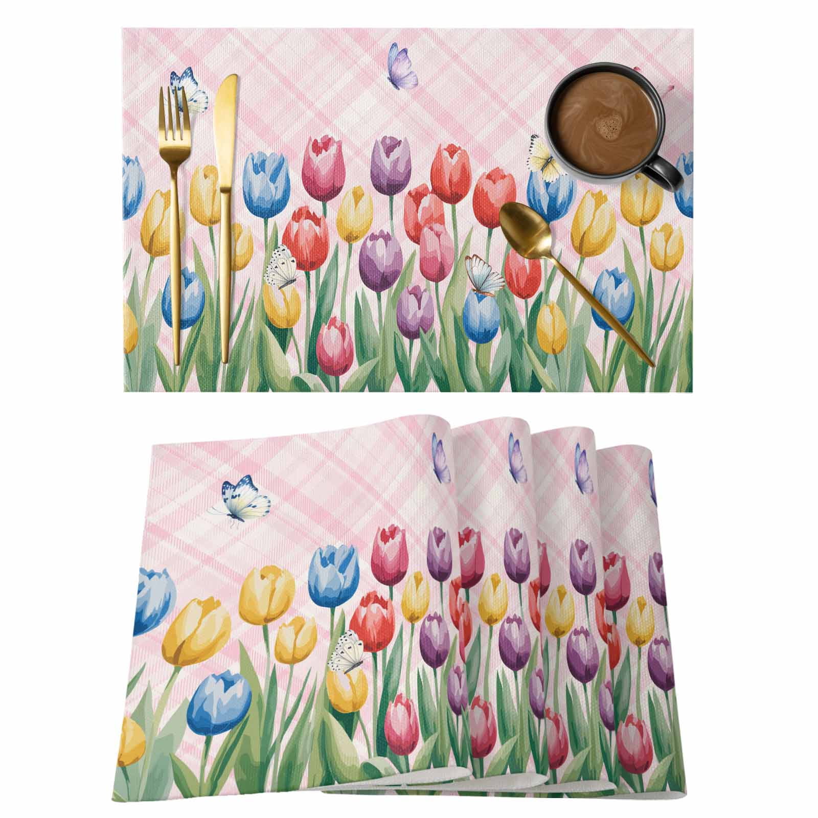 Colorful Tulips Cotton Linen Placemats Set of 6, Watercolors Flowers ...