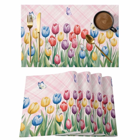 Colorful Tulips Cotton Linen Placemats Set of 6, Watercolors Flowers ...