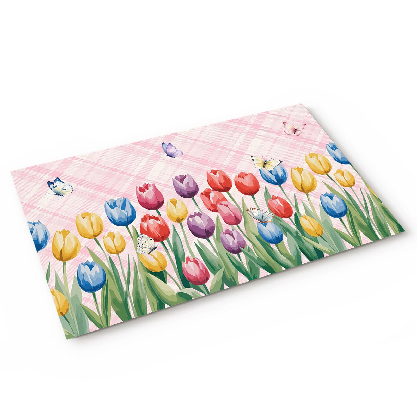 Colorful Tulips Door Mat Watercolors Flowers Butterfly Green Leaf Pink ...