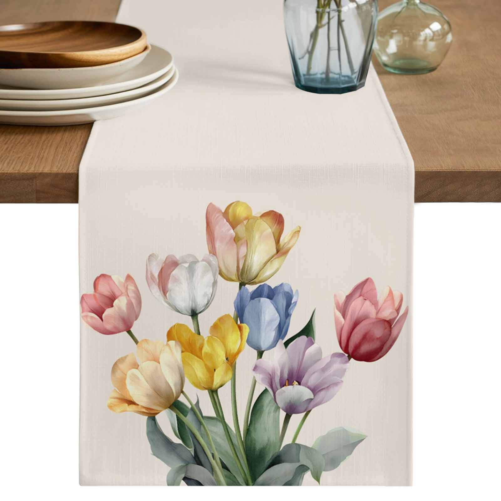 Colorful Tulips Floral Table Runner 36 Inches, Modern Art Watercolor ...