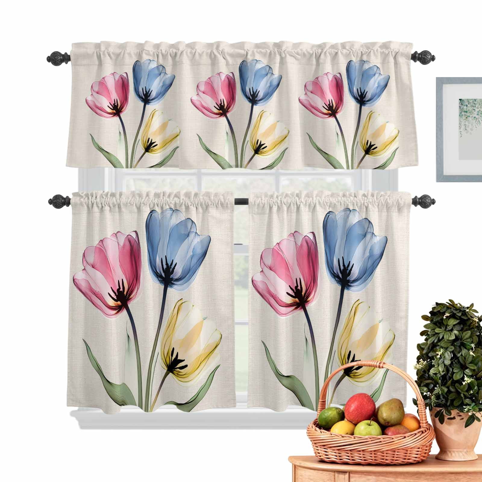 Colorful Tulips Kitchen Curtains Valances 3 Piece Set, Abstract Flowers ...