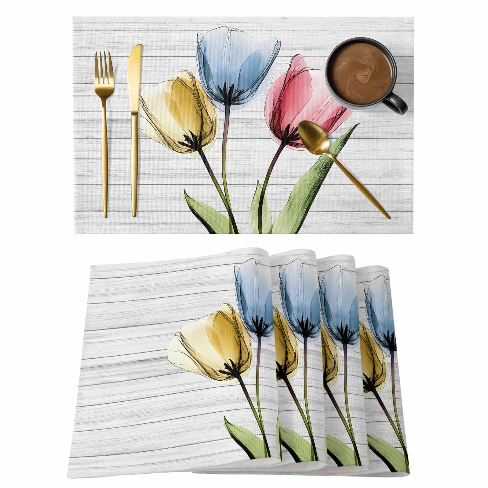 Colorful Tulips Placemats Set of 1, Blue Red Yellow Floral Non-Slip ...