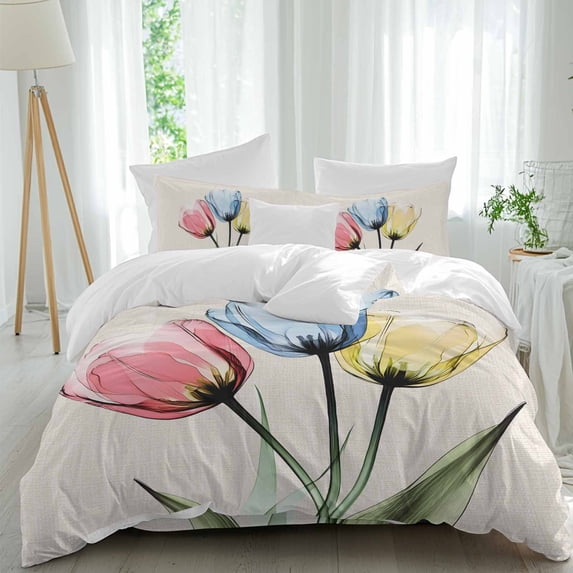 Colorful Tulips Queen Duvet Cover Set, Abstract Flowers 4 Piece ...
