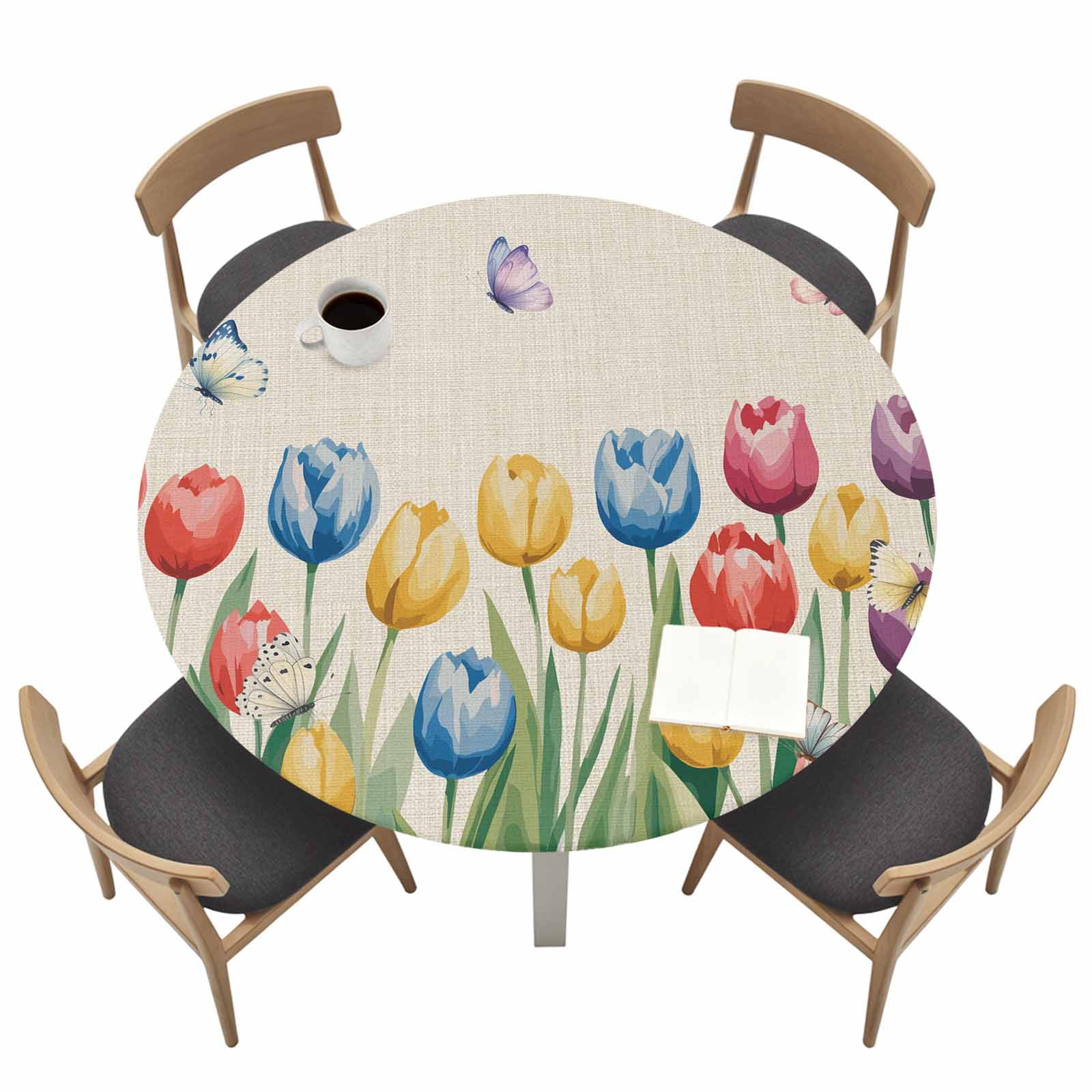 Colorful Tulips Round Fitted Tablecloth with Elastic Edge Watercolors ...