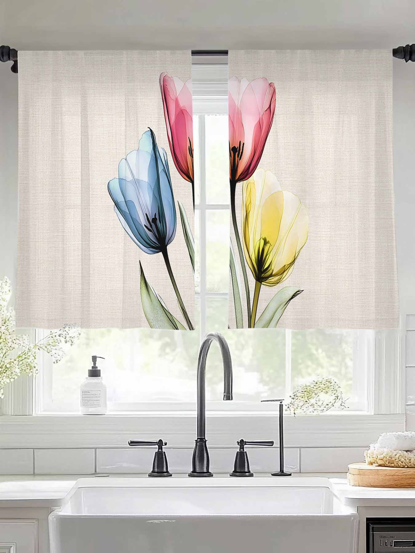 Colorful Tulips Sheer Curtains 54 Inches Long 2 Panels Country Flowers ...