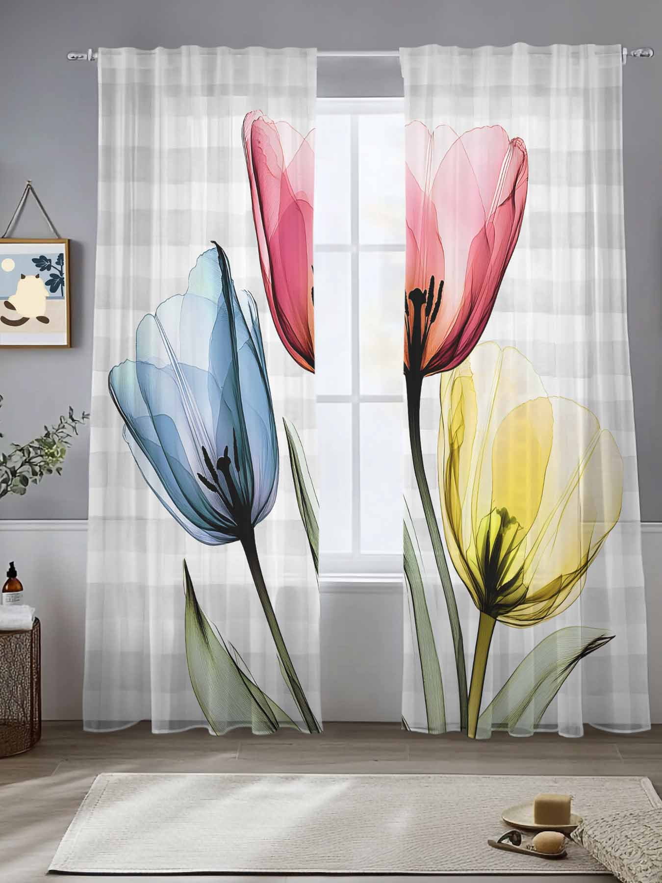 Colorful Tulips Sheer Curtains 96 Inches Long 2 Panels Country Flowers ...