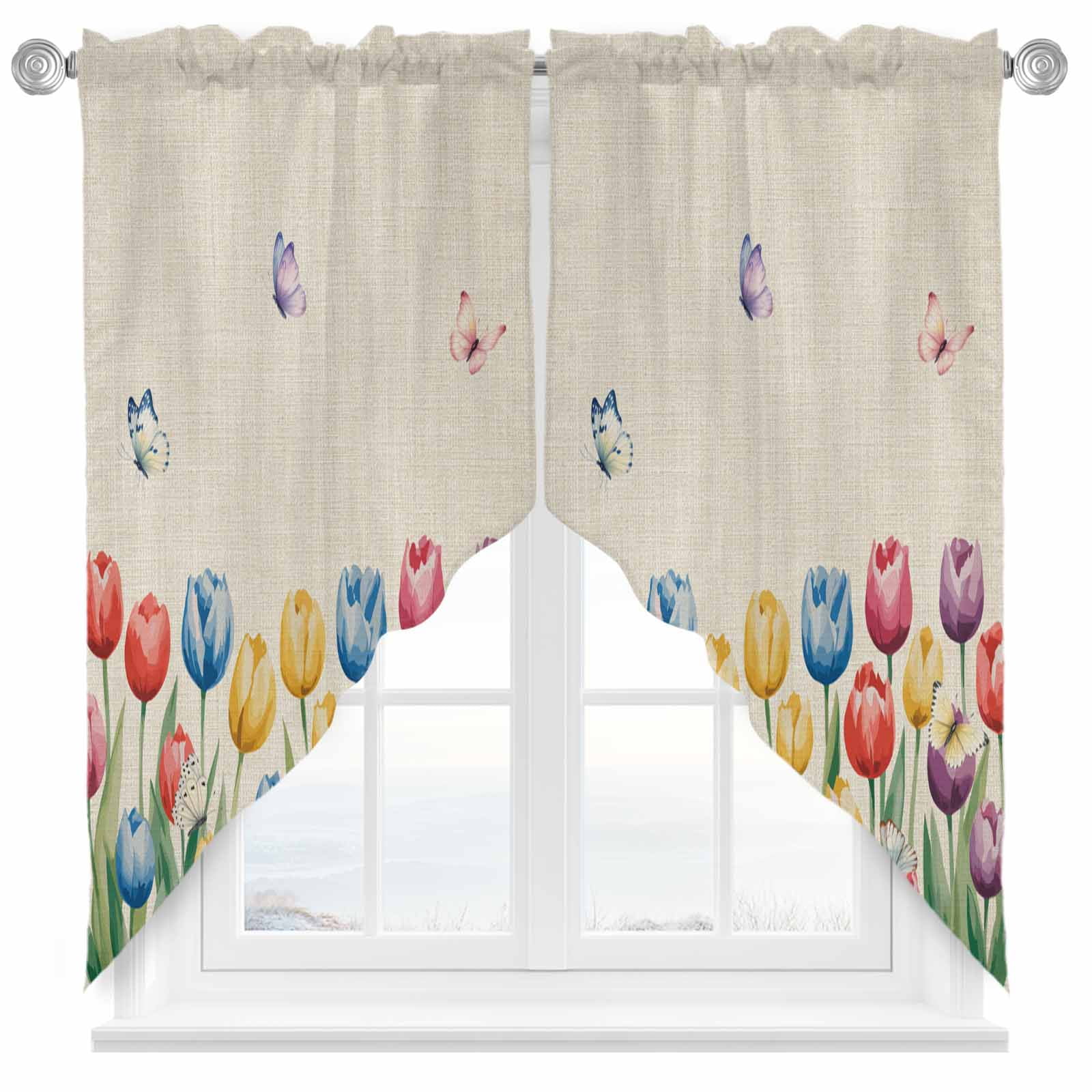 Colorful Tulips Swag Kitchen Curtain Valances, Watercolors Flowers ...