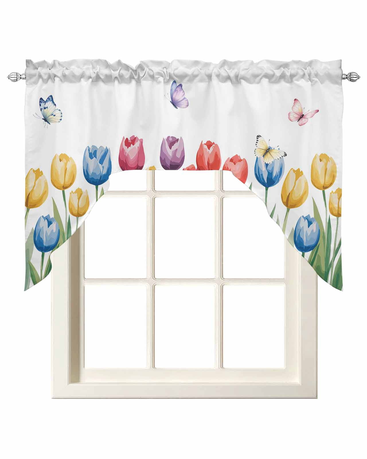 Colorful Tulips Swag Valance for Window, Watercolors Flowers Butterfly ...