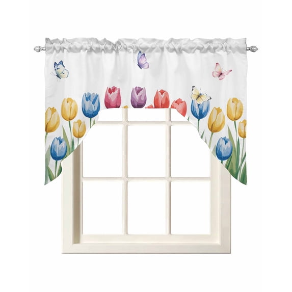 Colorful Tulips Swag Valance for Window, Watercolors Flowers Butterfly ...