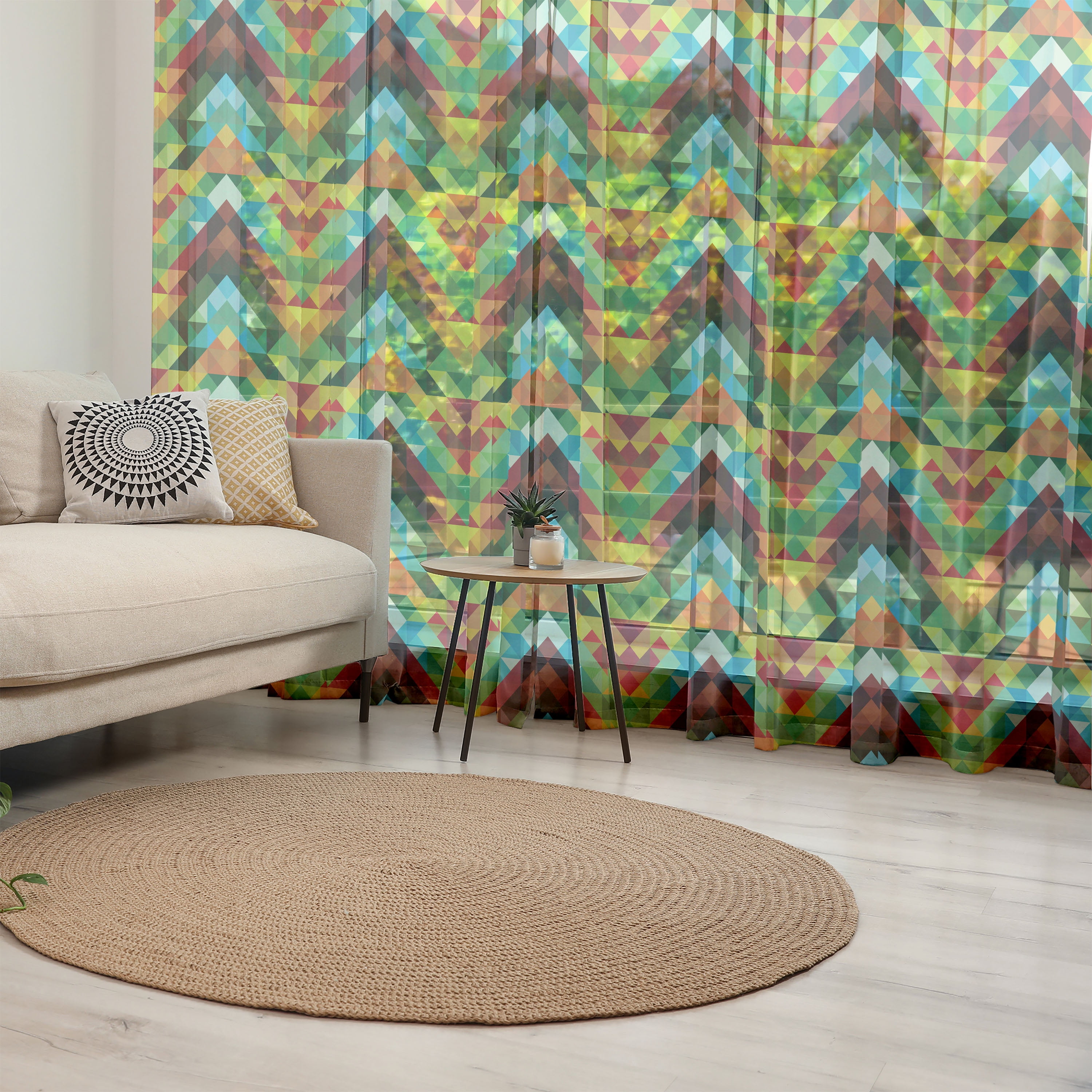 Colorful Tulle Curtains with Rod Pocket, Abstract Optic Effect Triangle ...