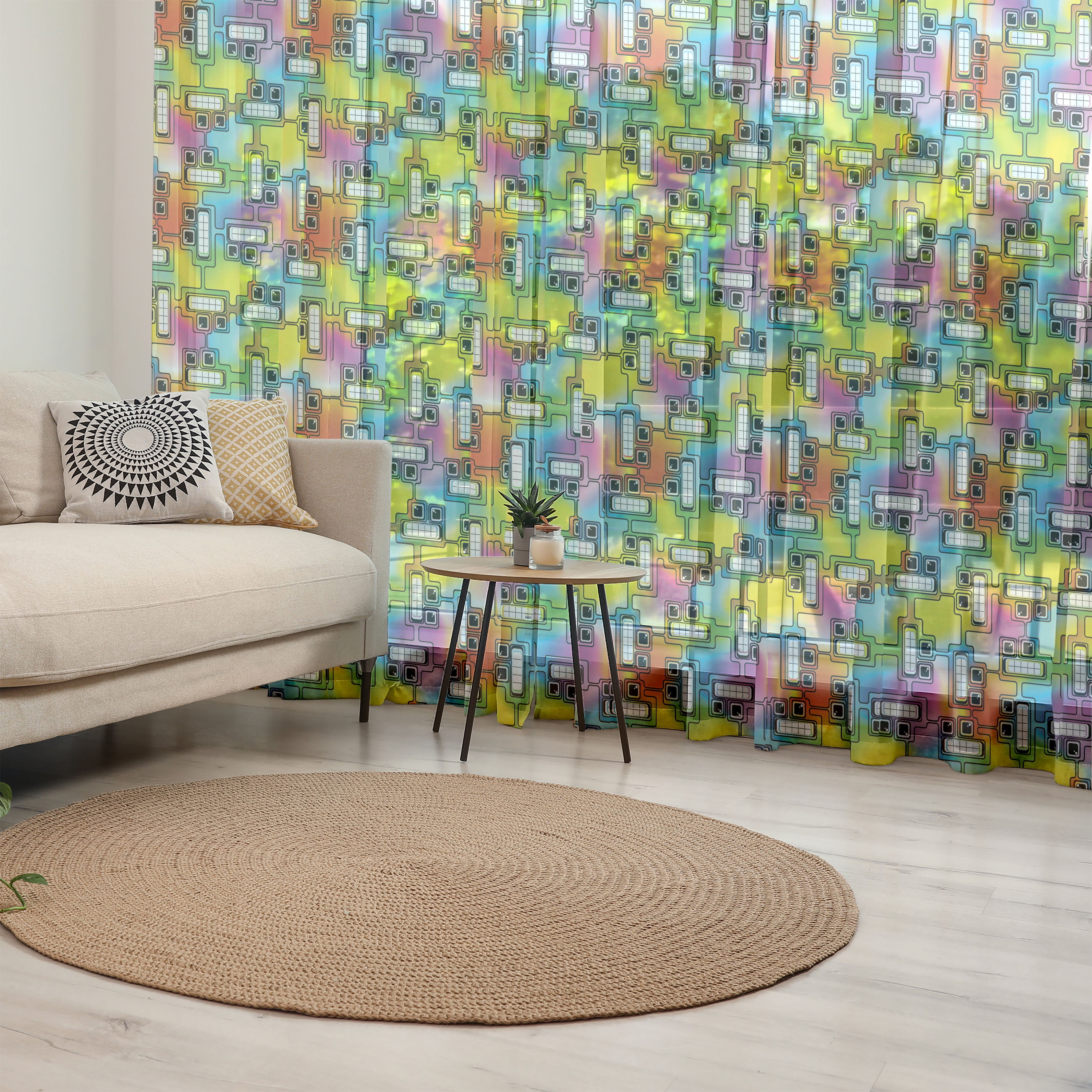 Colorful Tulle Curtains with Rod Pocket, Hippie Digital Fun Characters ...