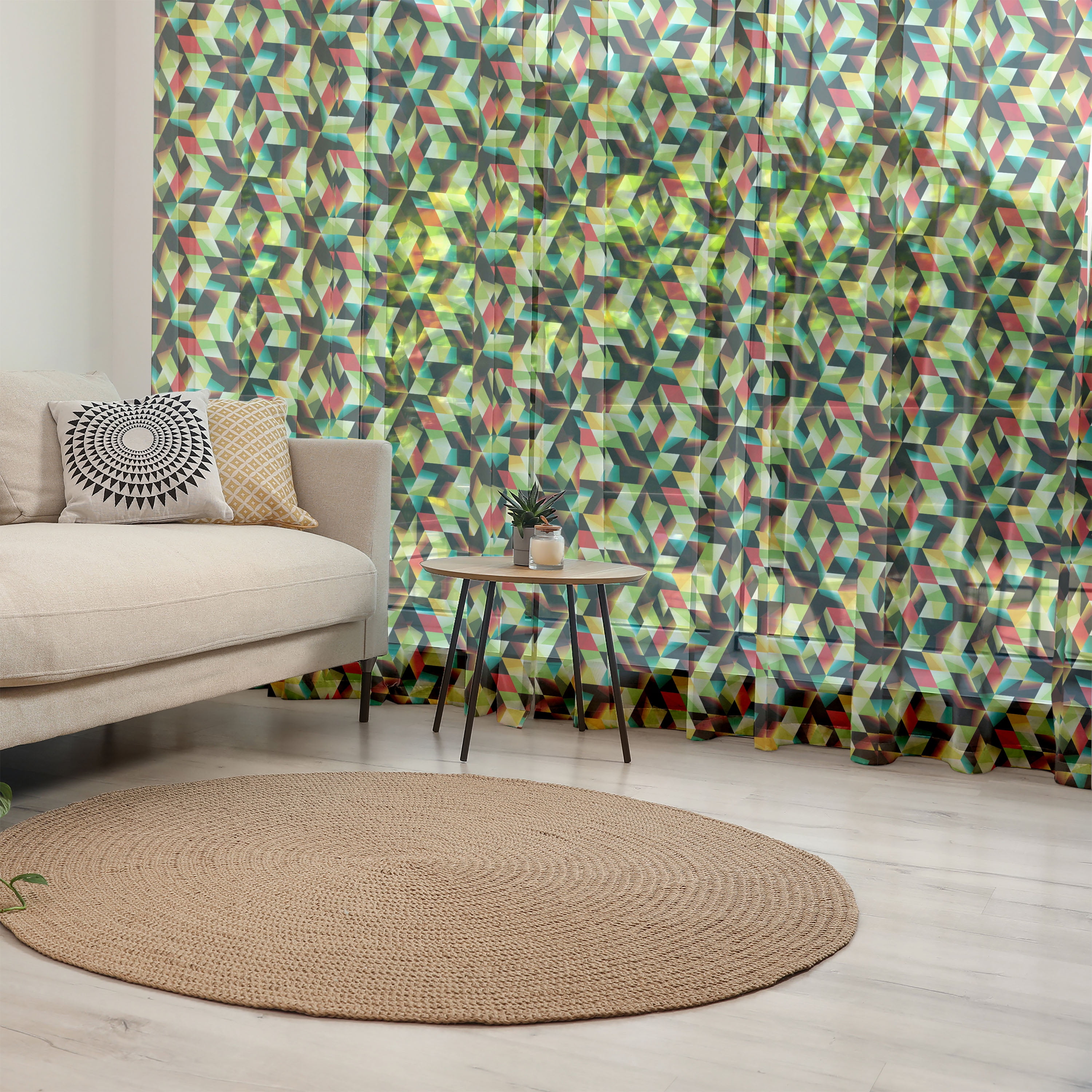 Colorful Tulle Curtains with Rod Pocket, Polygonal Pattern with ...