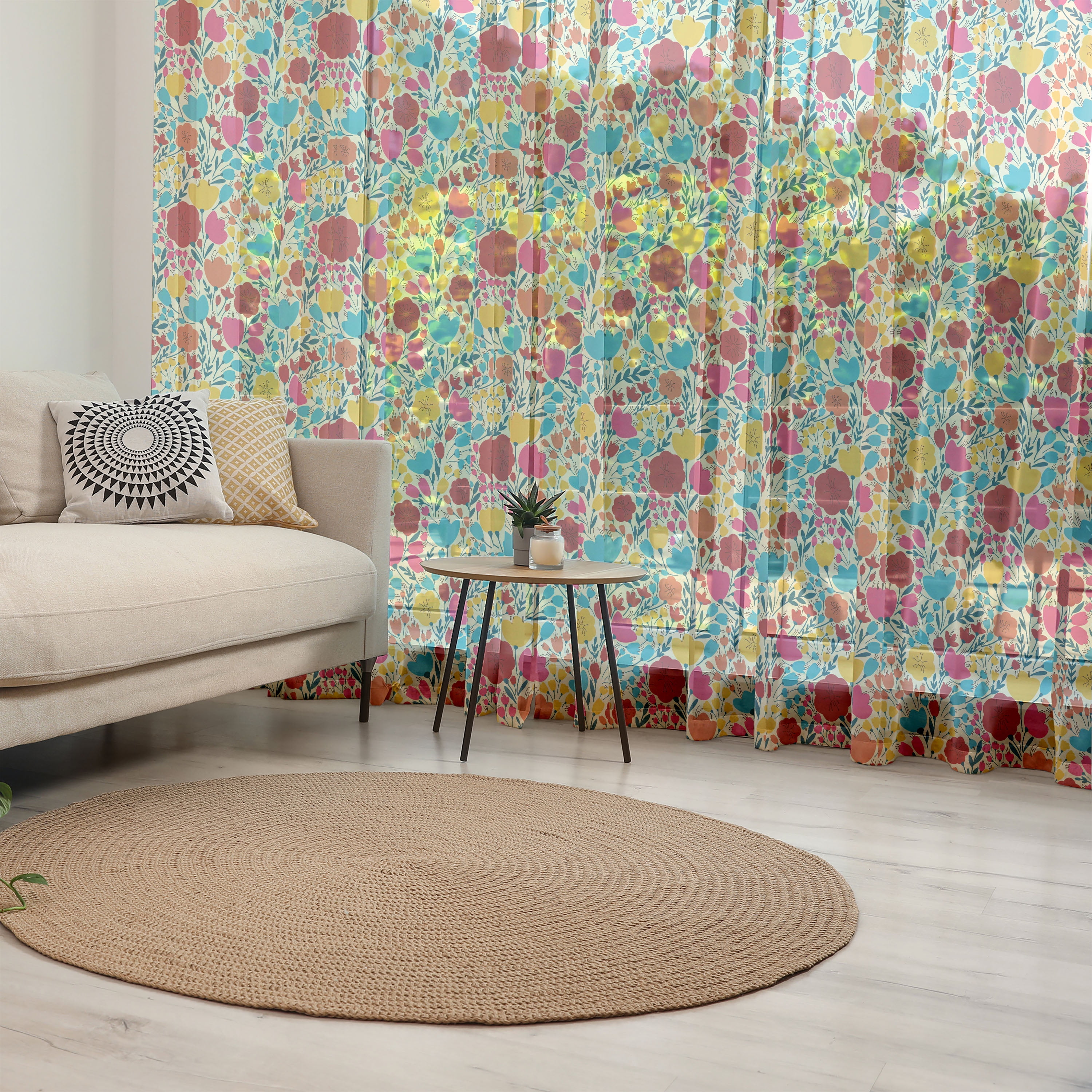 Colorful Tulle Curtains with Rod Pocket, Silhouettes of Flowers in ...