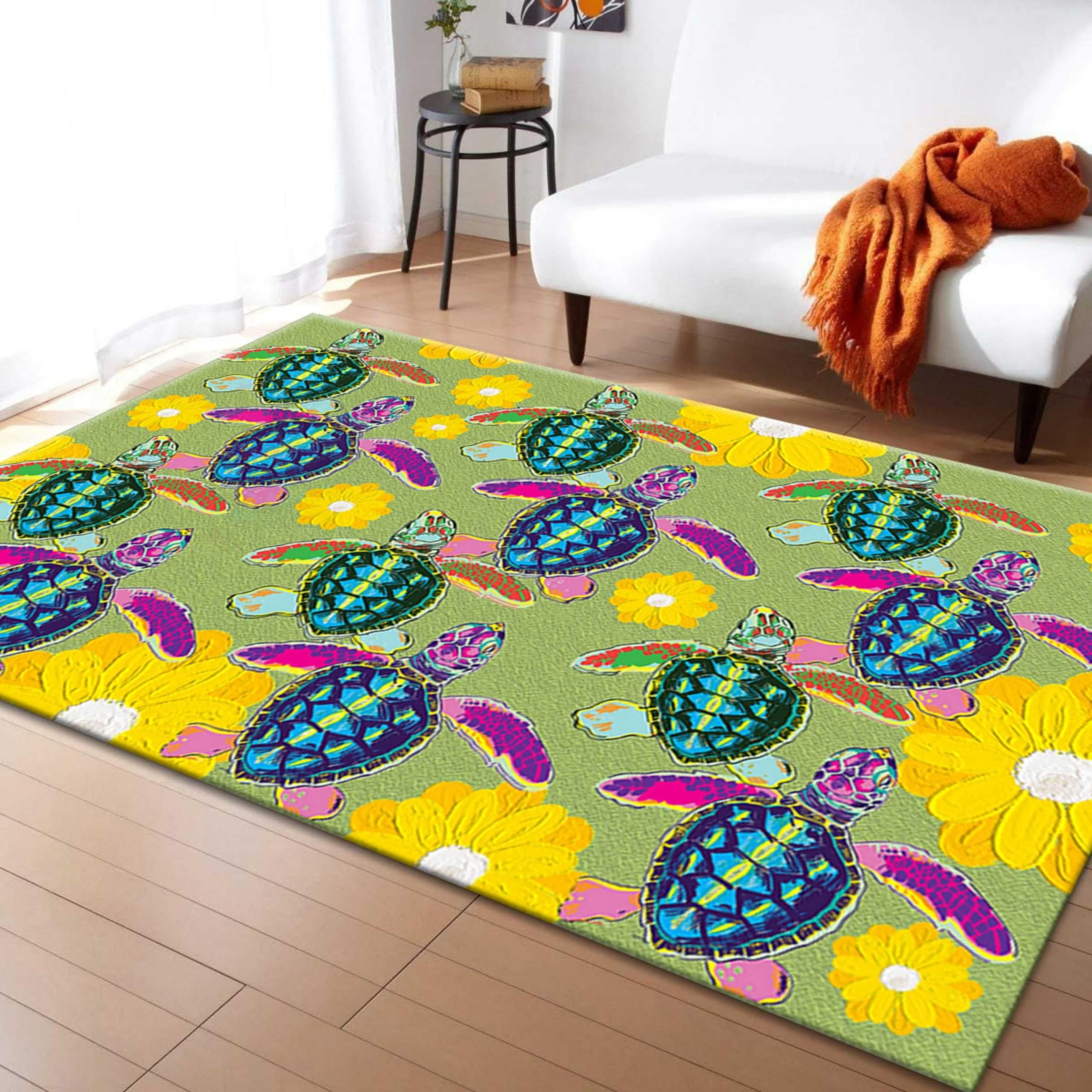 Colorful Turtle Area Rug,Summer Sea Animal And Daisy Flower Print Rugs ...