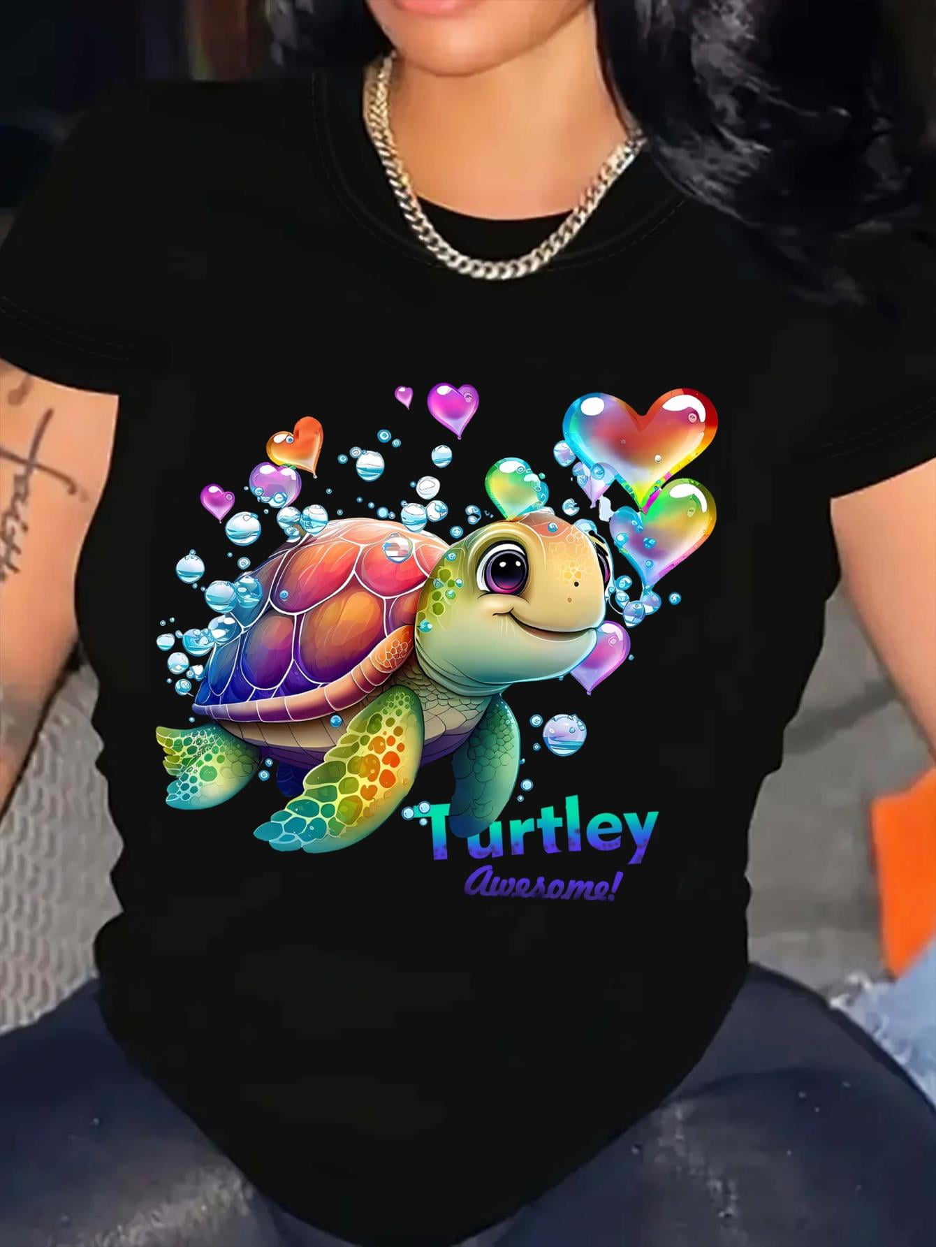 Colorful Turtle Ocean Print T-shirt, Casual Short Sleeve Crew Neck Top ...
