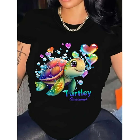 Colorful Turtle ocean Print T-shirt, Casual Short Sleeve Crew Neck Top ...