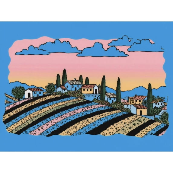 Colorful Tuscan Landscape Print, Hilly Italian Village, Cypress Trees ...