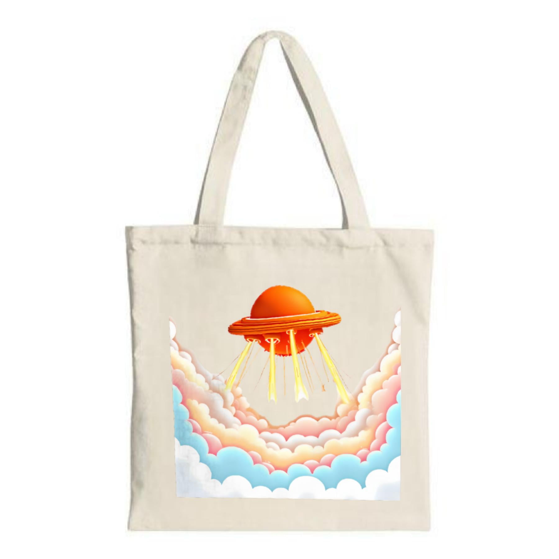 Colorful UFO Canvas Tote Bag - Whimsical Design with Orange UFO ...