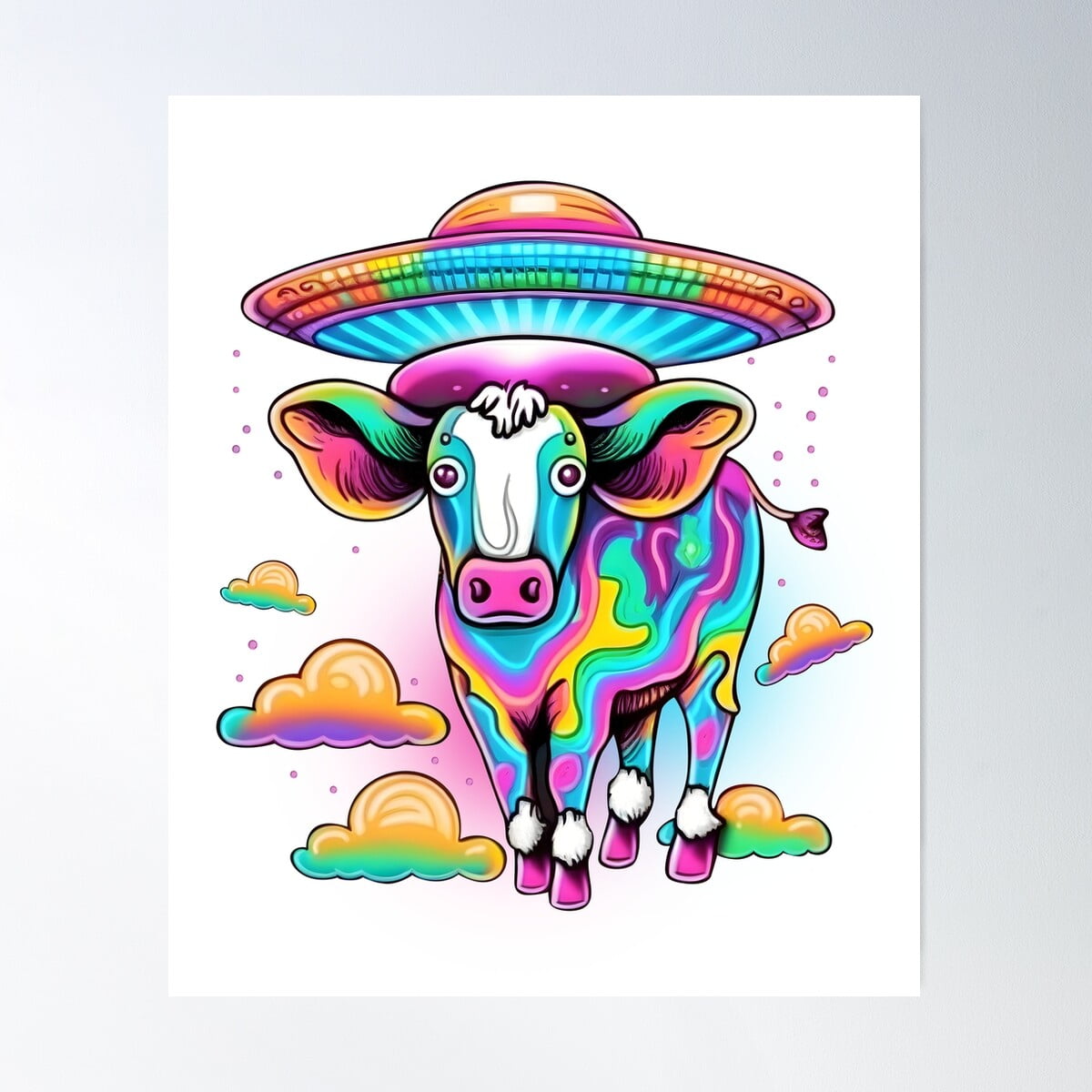Colorful Ufo Space Alien Cow Abduction Funny Farmer Novelty Poster Wall ...