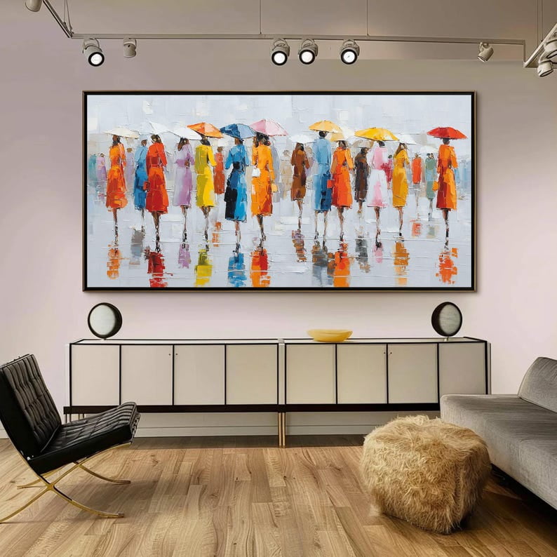 Colorful Umbrella Painting, Large Abstract Rain Art, Textured People ...