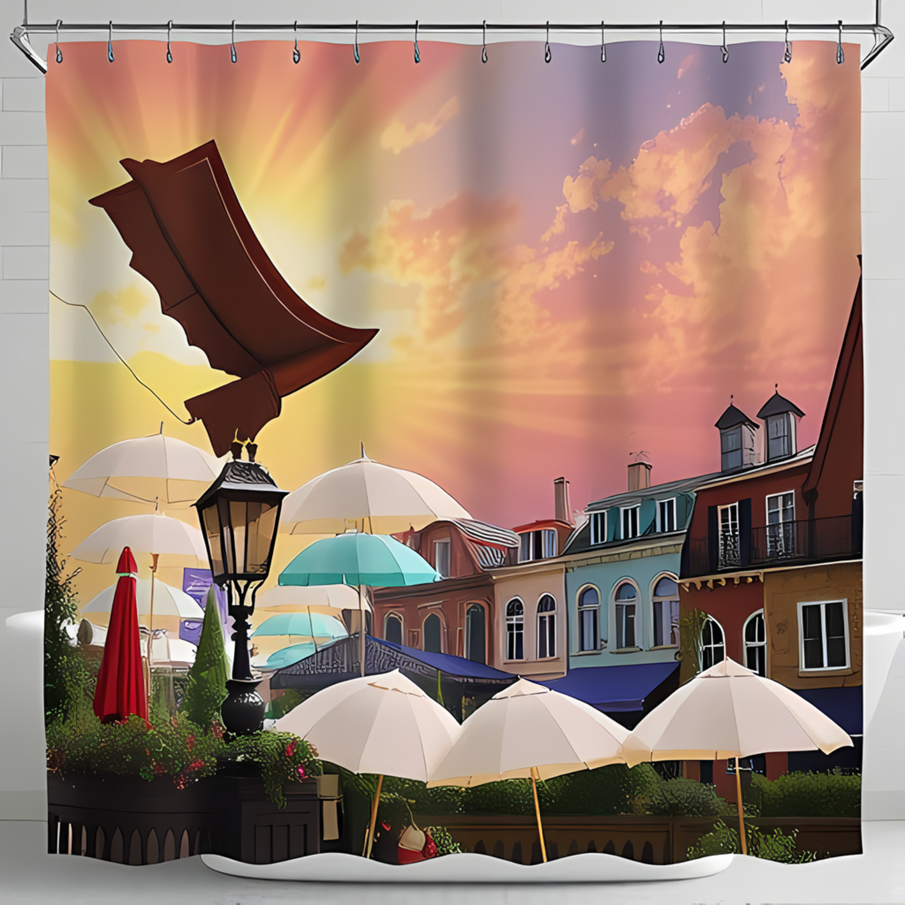 Colorful Umbrella Pattern Shower Curtain - Vibrant Design with Arched ...