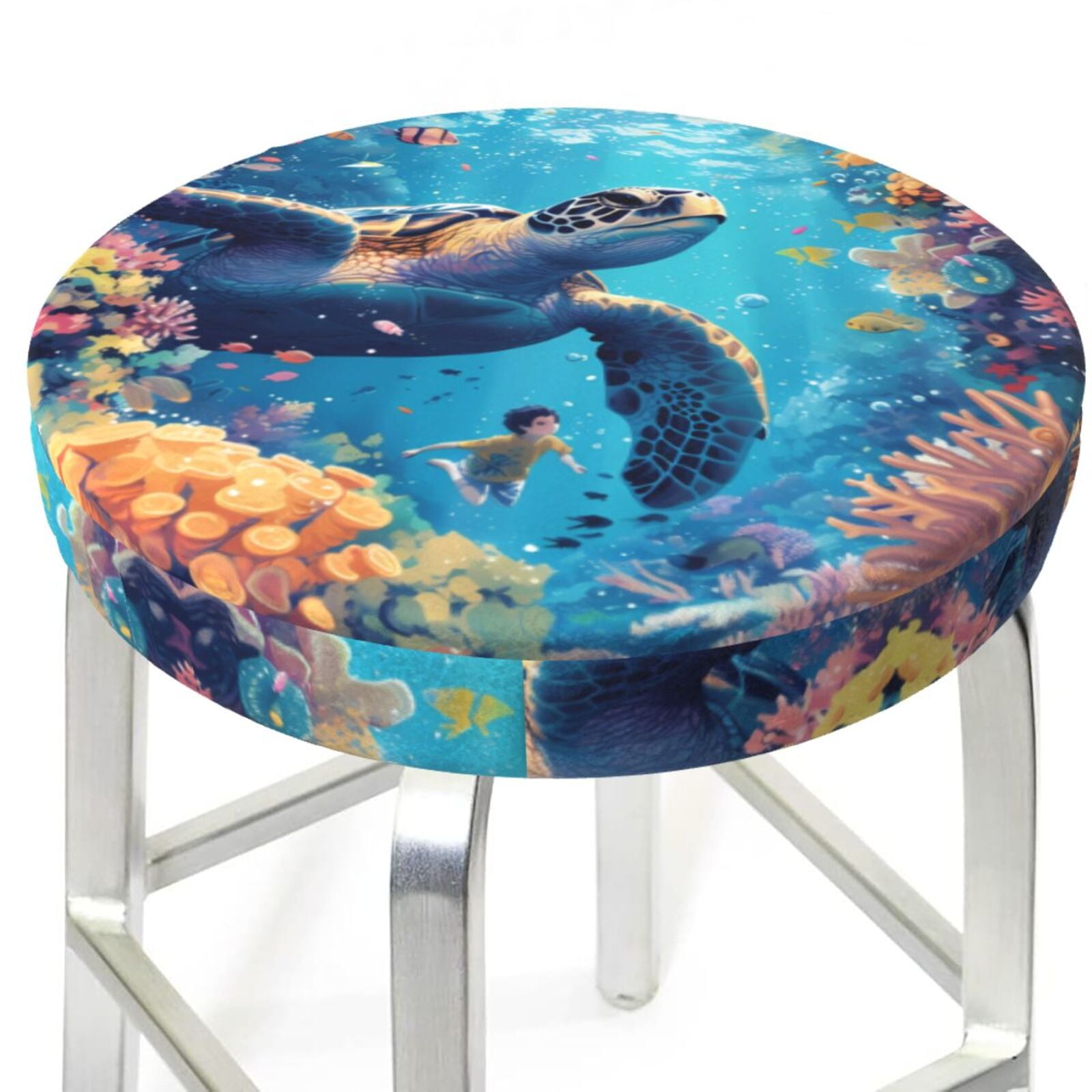 Colorful Underwater Plant Turtle Round Bar Stool Seat Covers, Elastic ...