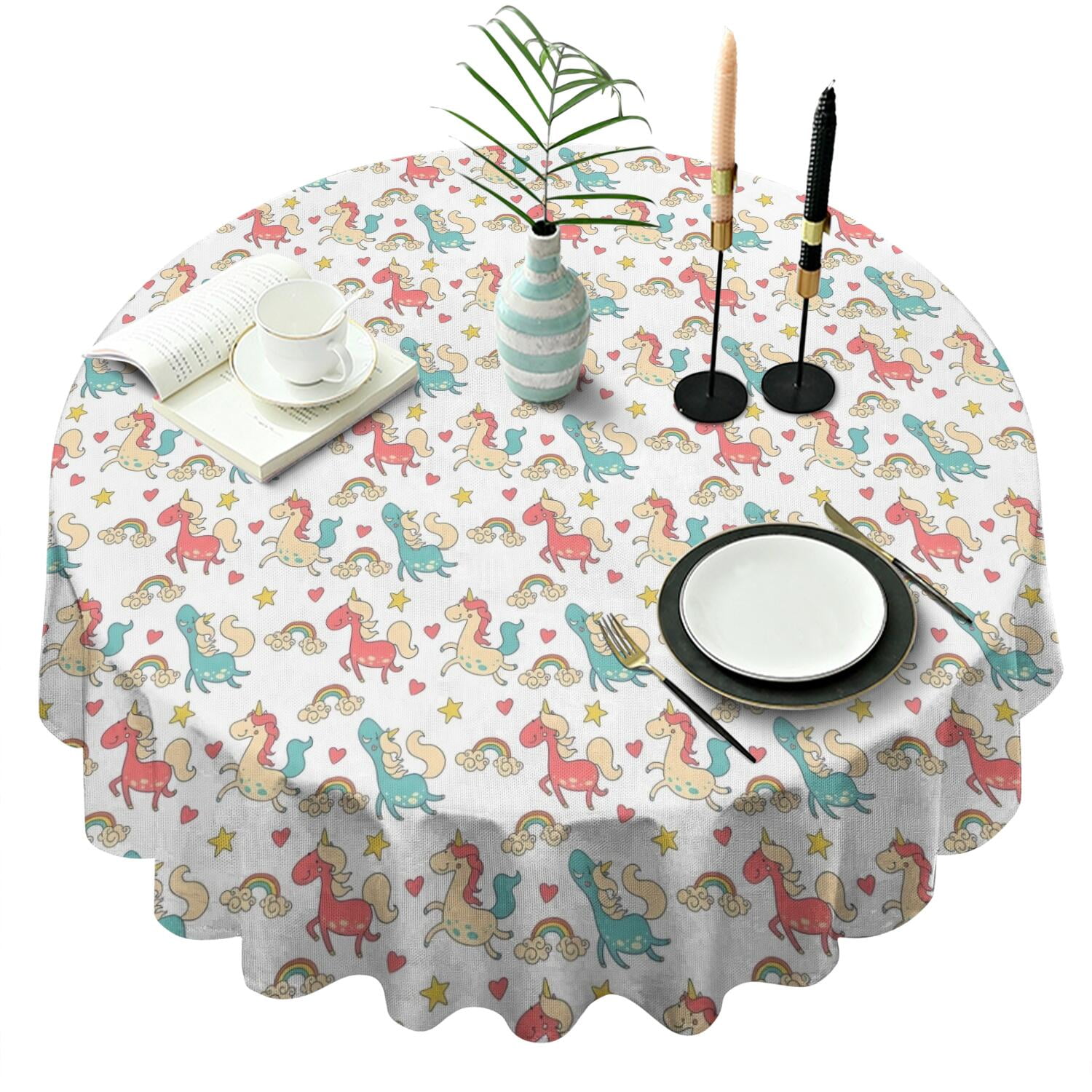 Colorful Unicorn Rainbow Pattern Round Tablecloth 60"x60",Wrinkle ...