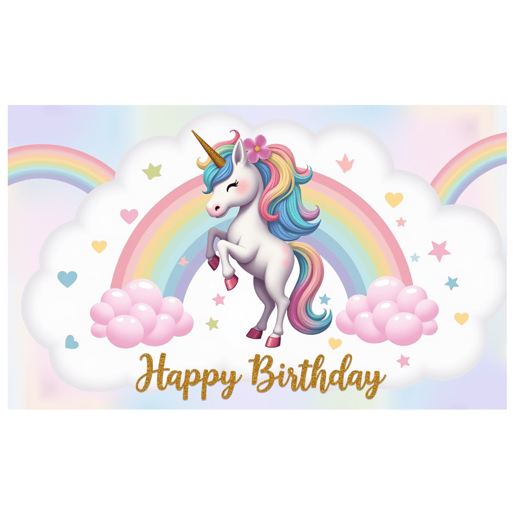 Colorful Unicorn Themed Happy Birthday Banner with Rainbows Clouds ...
