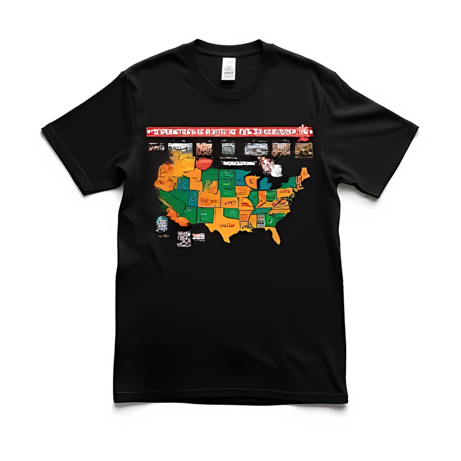 Colorful United States Map Black T-Shirt with Playful Design & Red ...