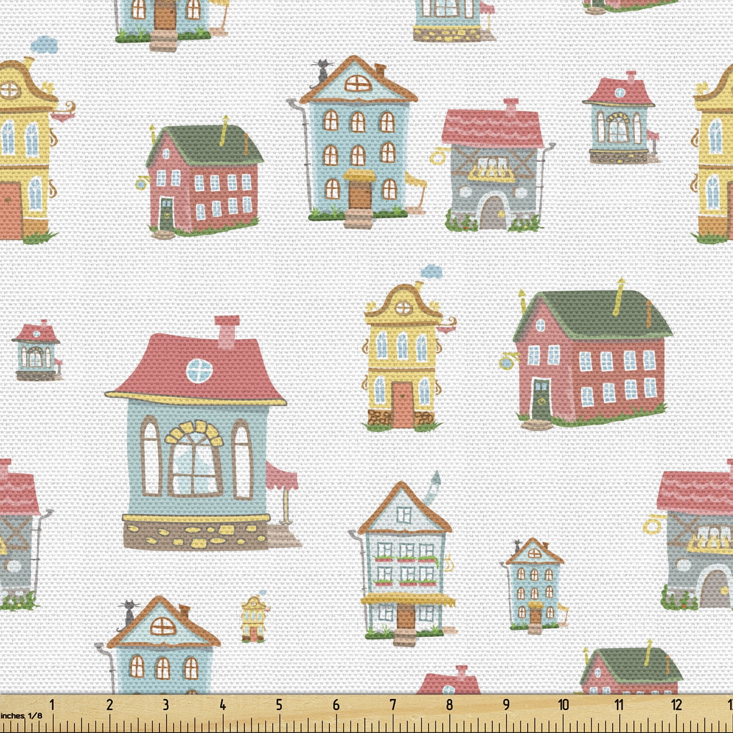 Colorful Upholstery Fabric by the Yard, Little Cartoon Architectural ...