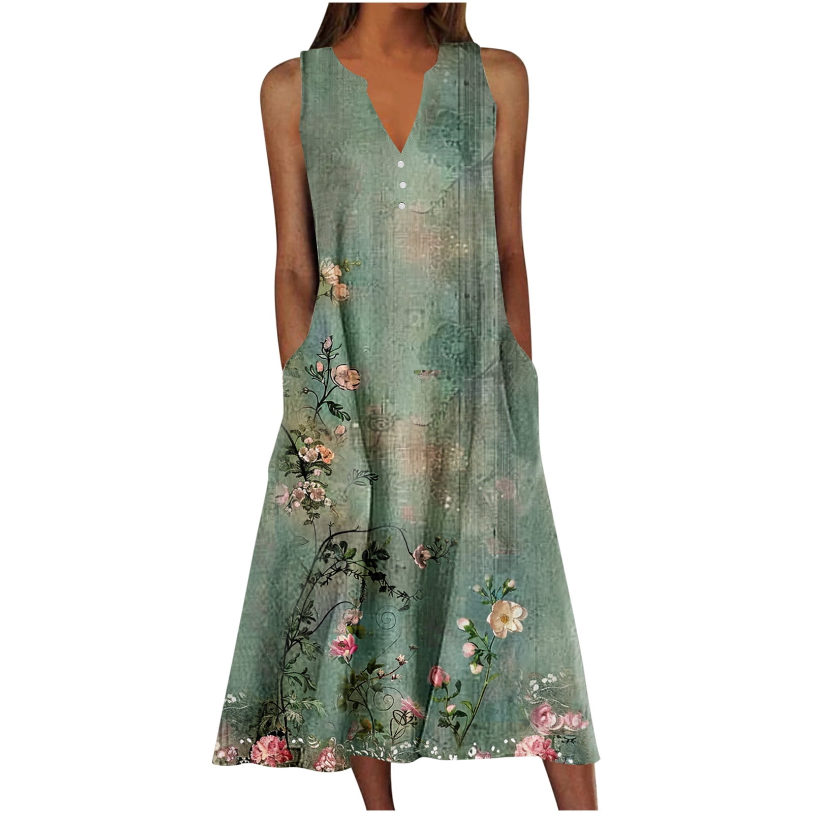 Colorful V Neck for Ladies Summer Fall Sleeveless Floral Print Maxi ...