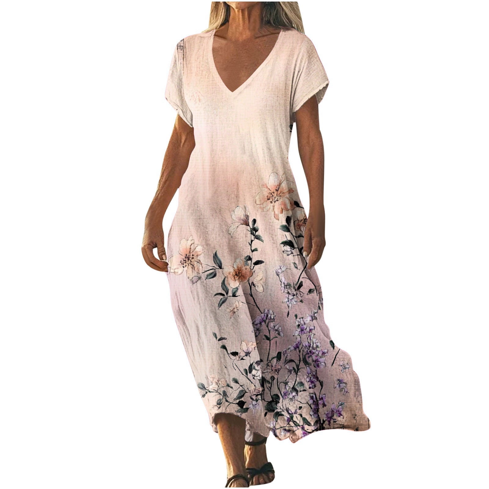 Colorful V Neck Spandex for Women Summer Fall Short Sleeve Print Maxi ...