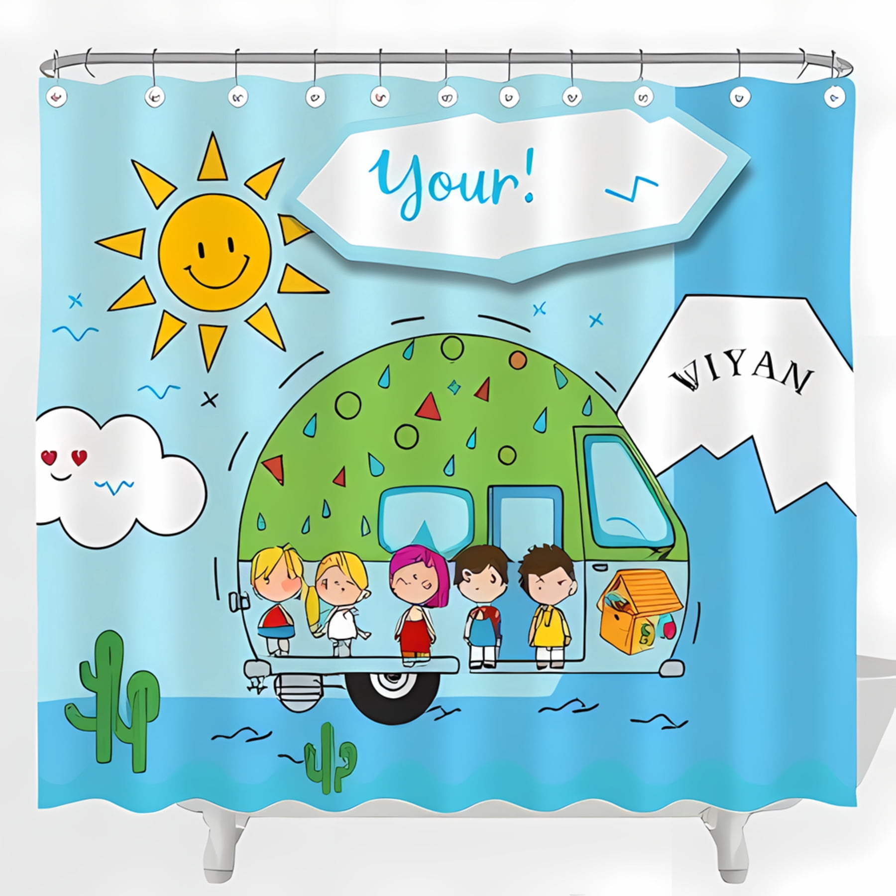Colorful Van Beach Scene Shower Curtain - Fun Design with Cacti Waves ...