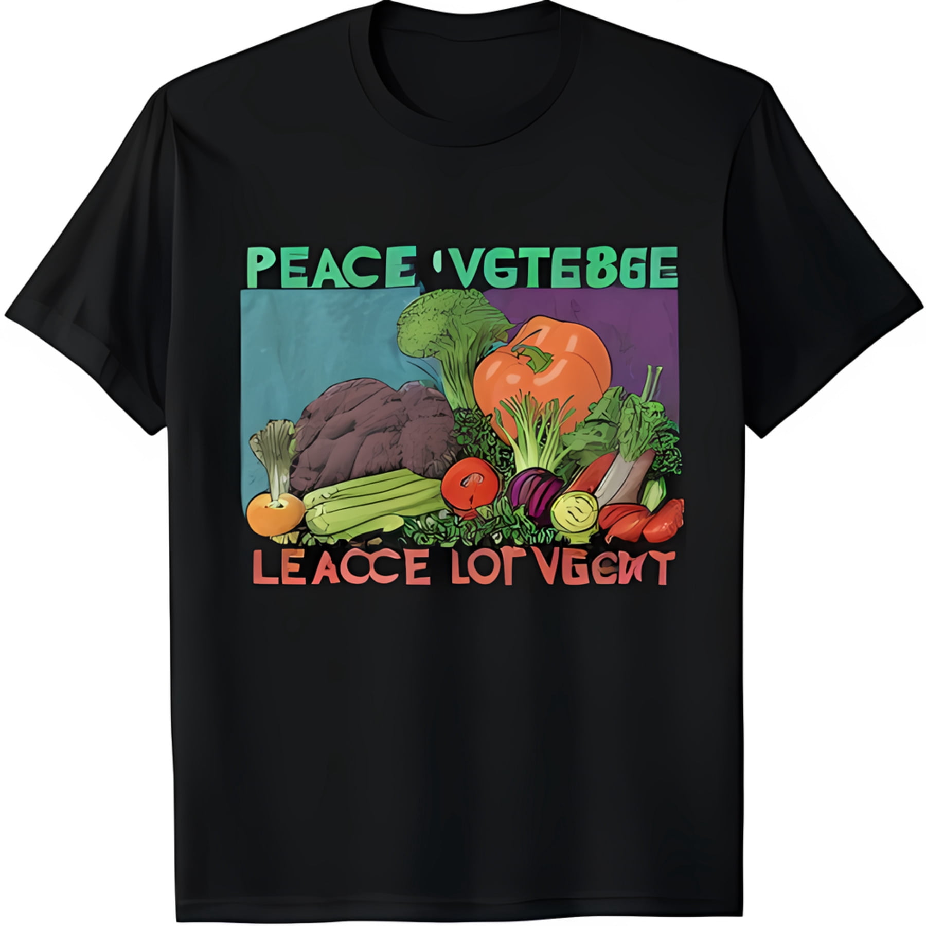 Colorful Vegetable Design Black T-Shirt with Retro Peace Vgtegge Text ...