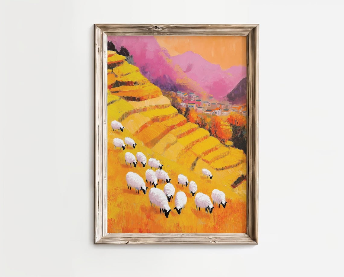 Colorful Vibrant Sheep Grazing Vintage Wall Art For Bedroom In Pink ...