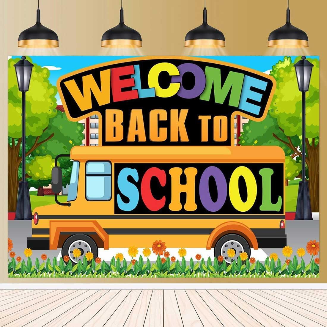 Colorful Vibrant Welcome Back to School Backdrop, School Bus Backdrop ...