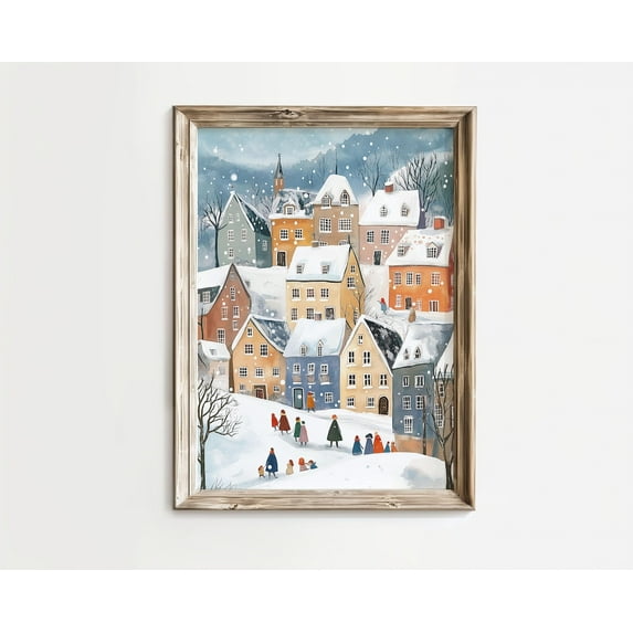 Colorful Village Blue And White Snow Poster | Vintage Pastel Blue ...