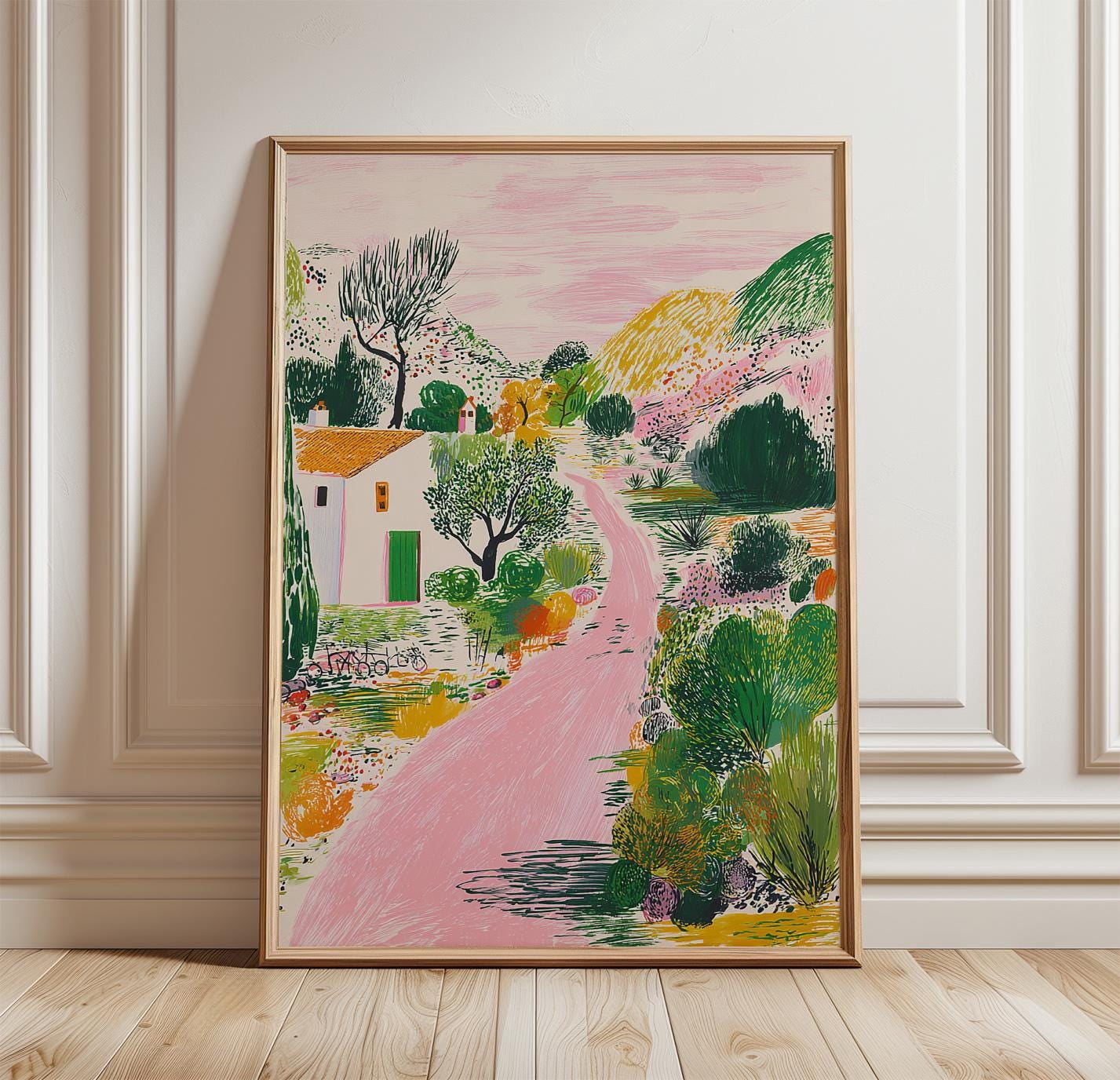 Colorful Village Landscape Poster, Folk Art Countryside Print, Pink ...