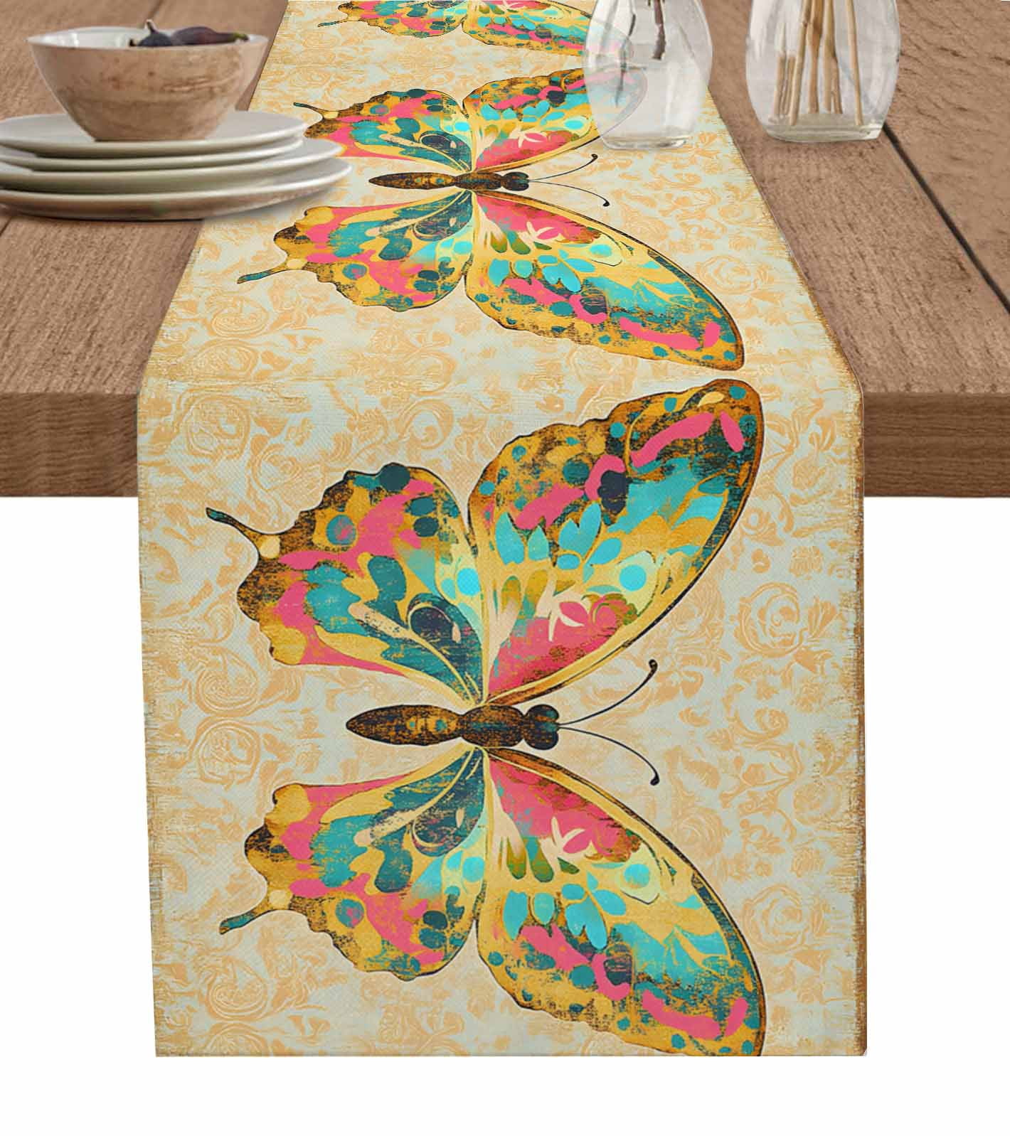 Colorful Vintage Butterfly Burlap Cotton Table Runner 14x72 Inches Long ...