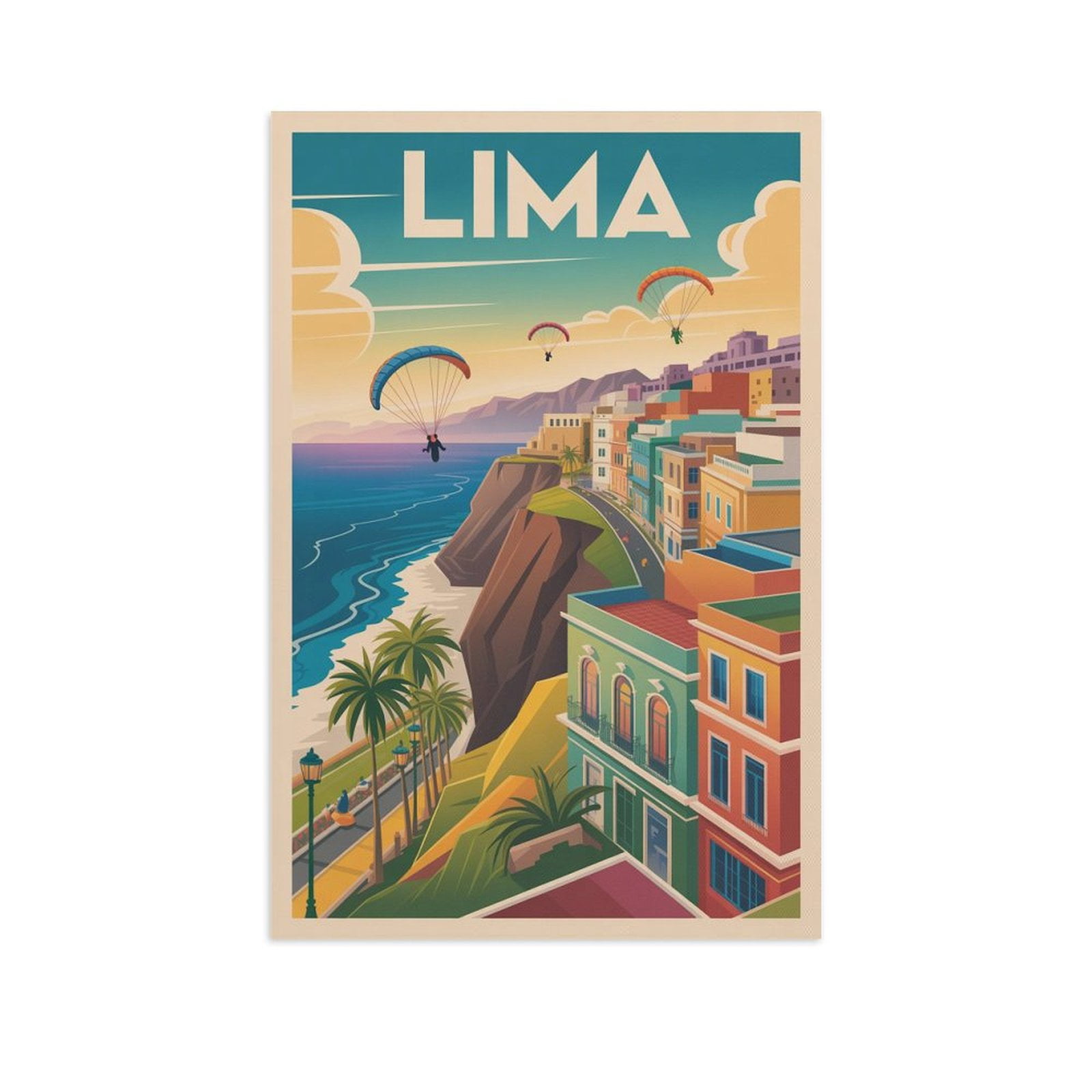 Colorful Vintage City Travel Poster of Lima Peru with Paragliders And ...