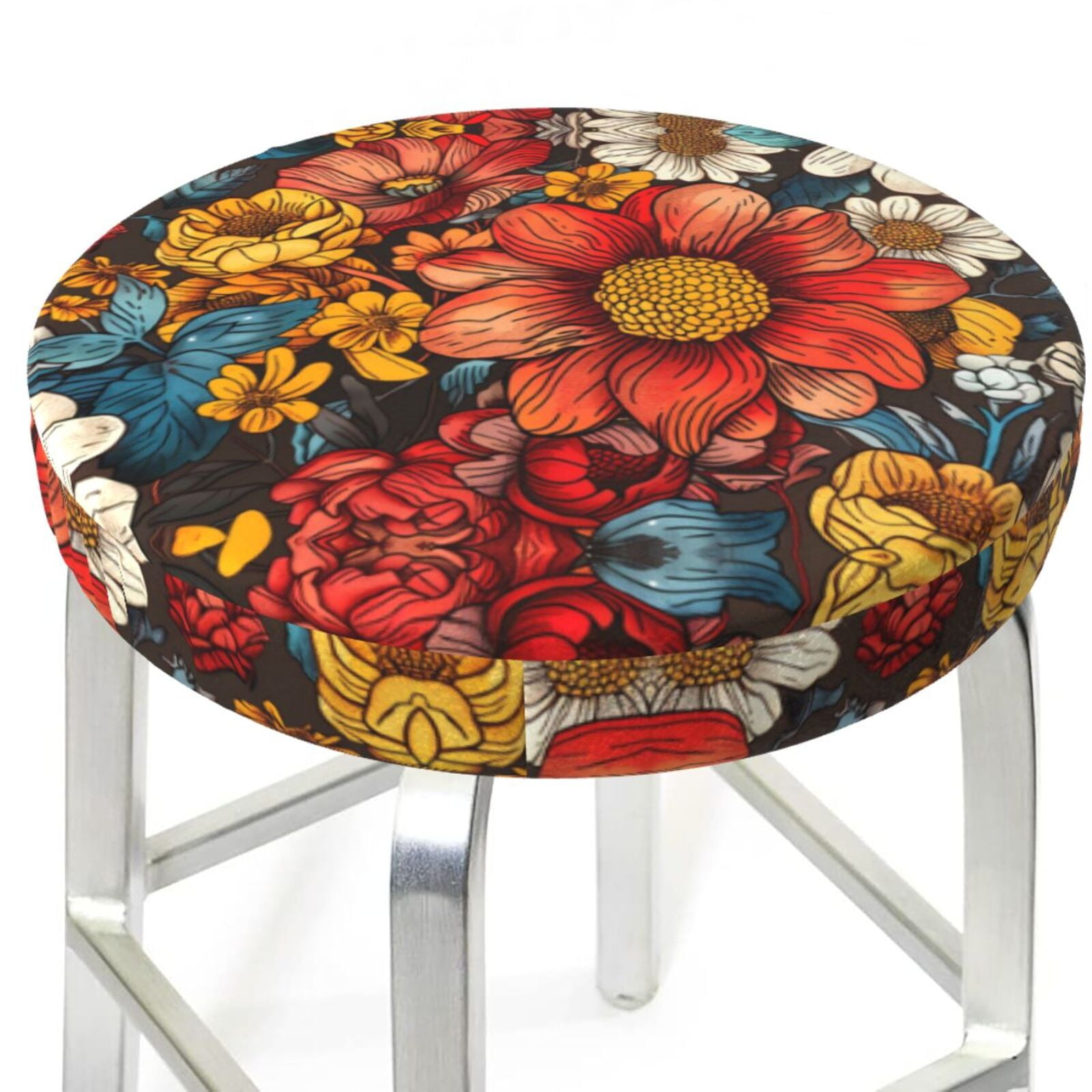 Colorful Vintage Floral Pattern Bar Stool Covers Round - Soft Anti-Slip ...