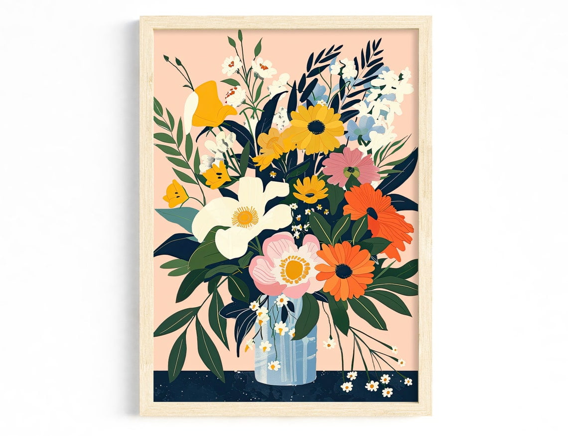 Colorful Vintage Flower Poster Bouquet Wall Art In Retro Style Retro ...