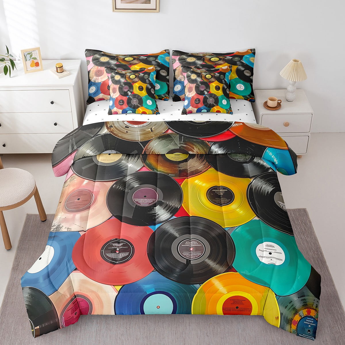 Colorful Vinyl Twin Bedding Set 7 Pieces Retro Hip Pop Music Comforter ...